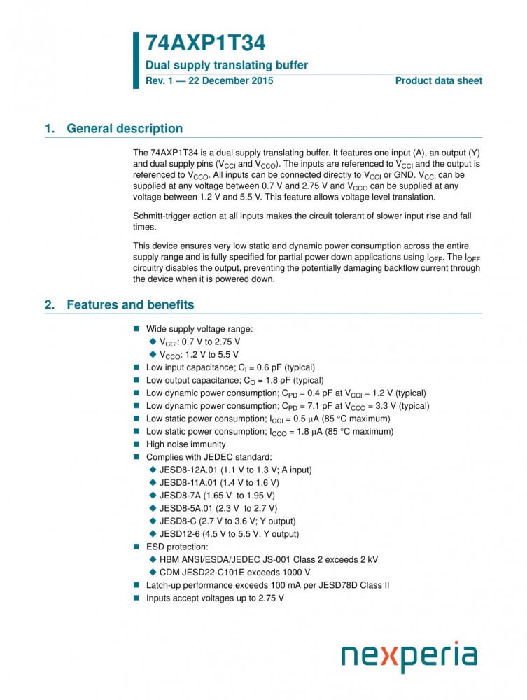 74AXP1T34GW datasheet page 1