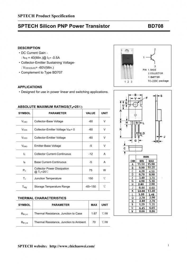 SPTECH BD708 datasheet page 1