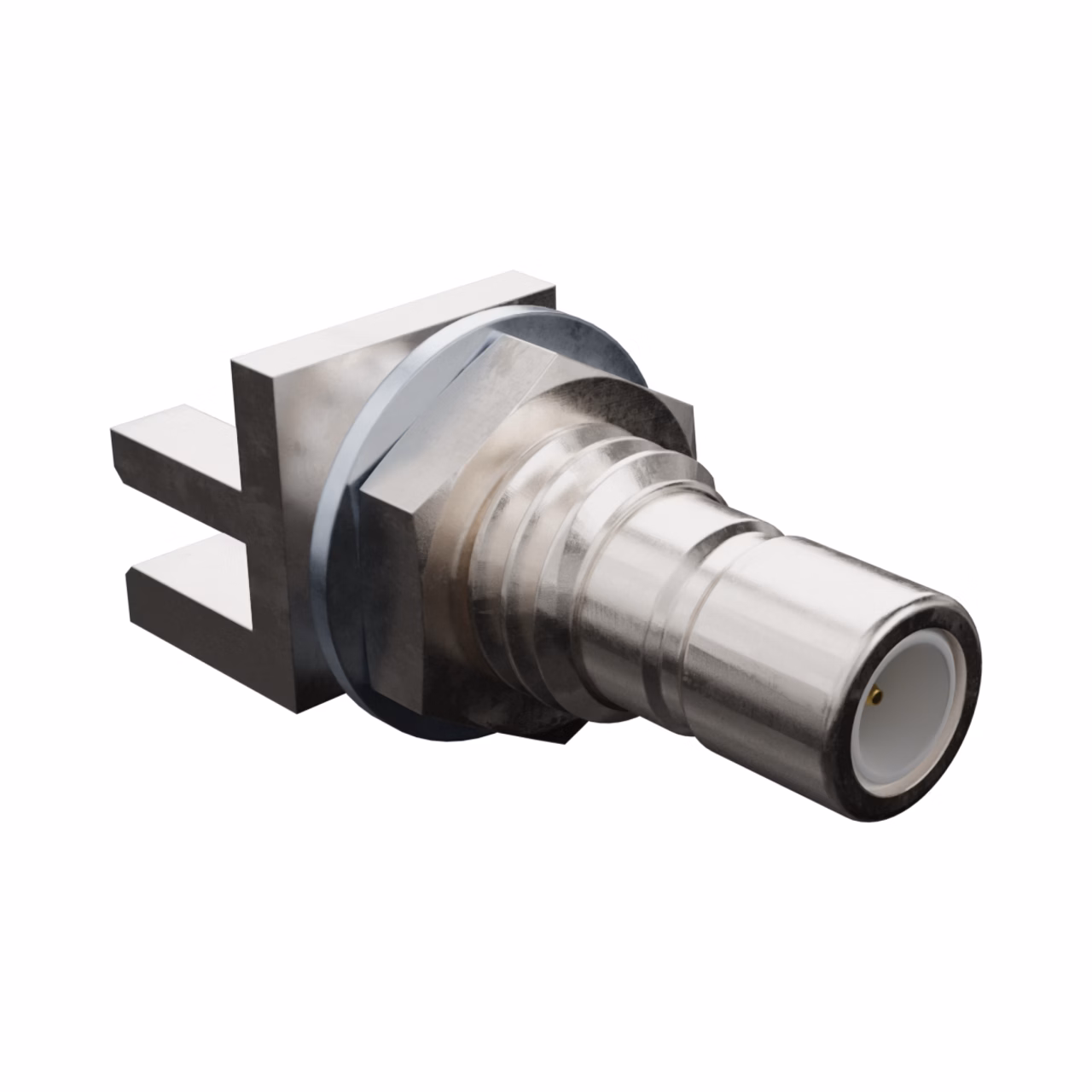 SMB Jack, Straight, Bulkhead Receptacle, PCB, Edge Mount, Brass Body, Nickel (Ni) Plated, 50 Ohms for sale