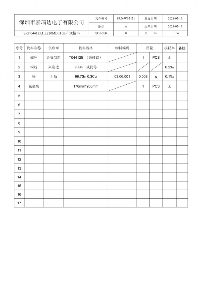 SRT044125HL220UB production specification material page