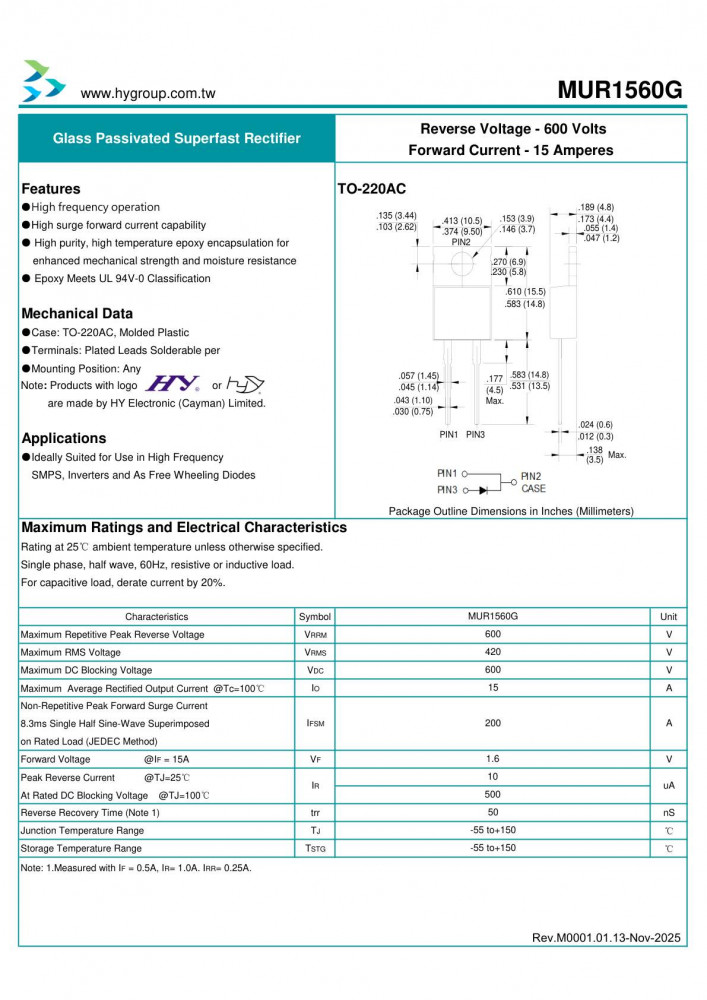 MUR1560G datasheet page 1