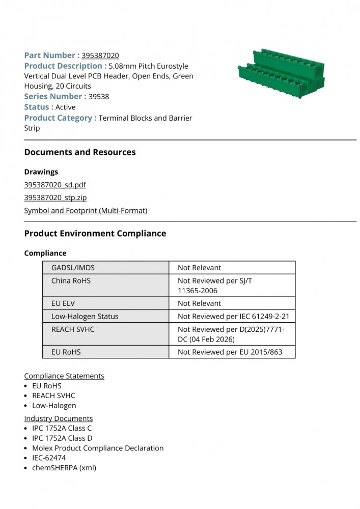 MOLEX 395387020 document preview, page 1