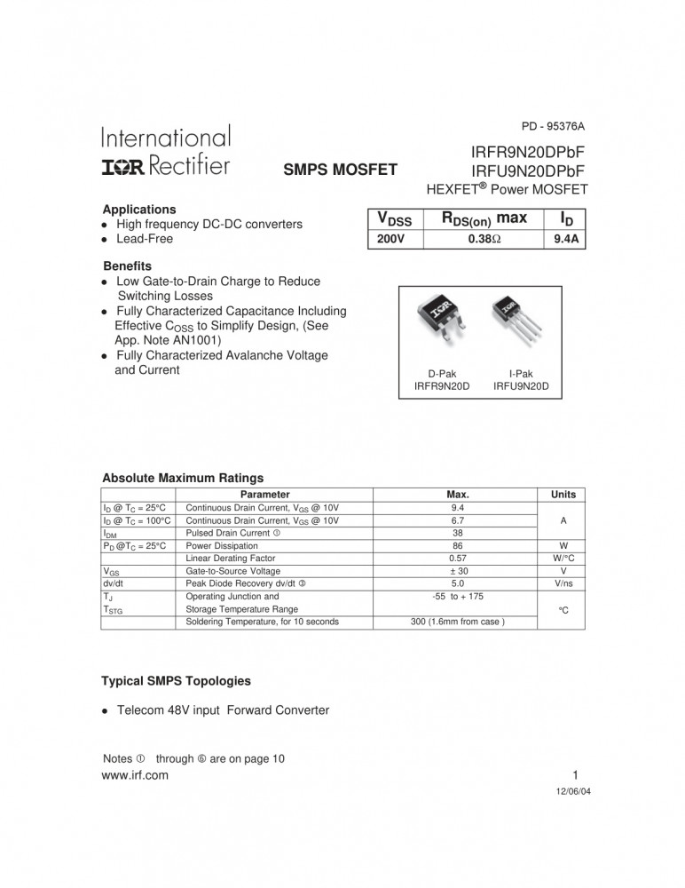 IRFR9N20DPBF datasheet page 1