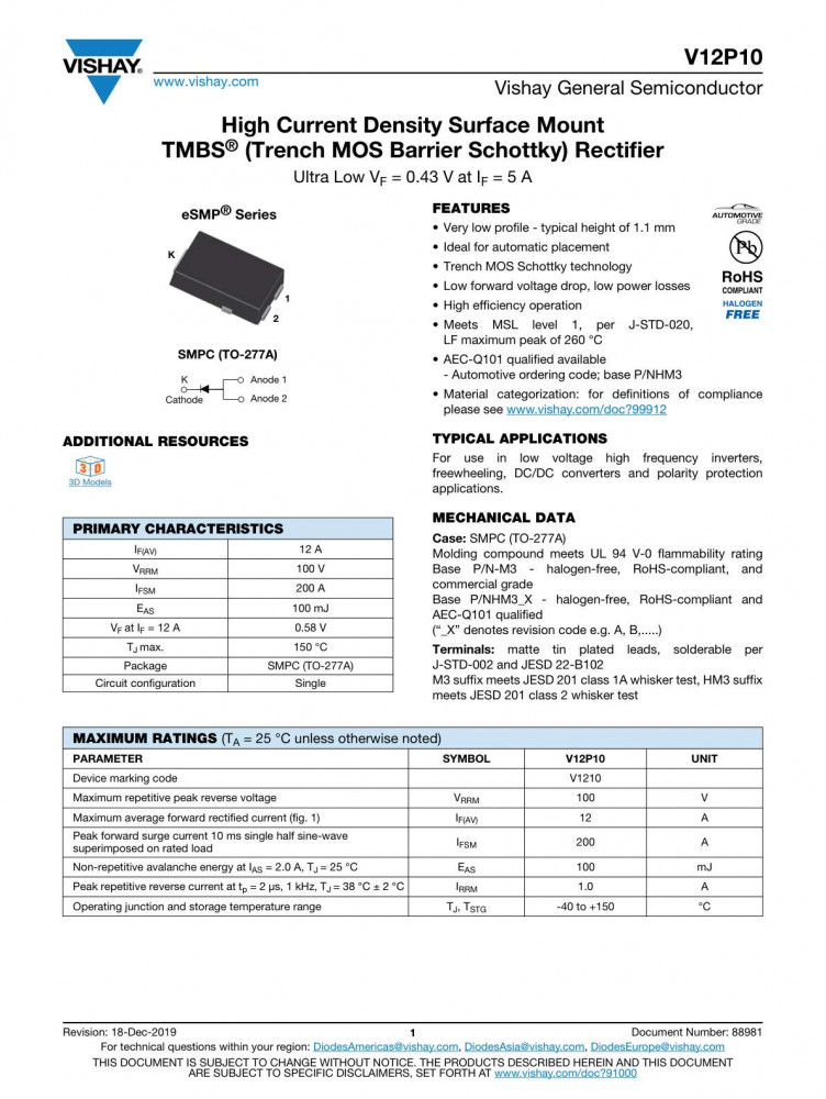 Vishay V12P10 datasheet page 1