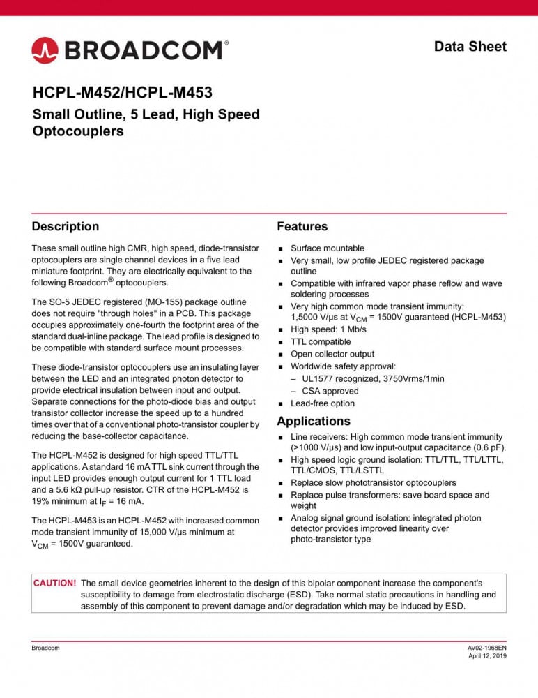HCPL-M453-500E datasheet page 1
