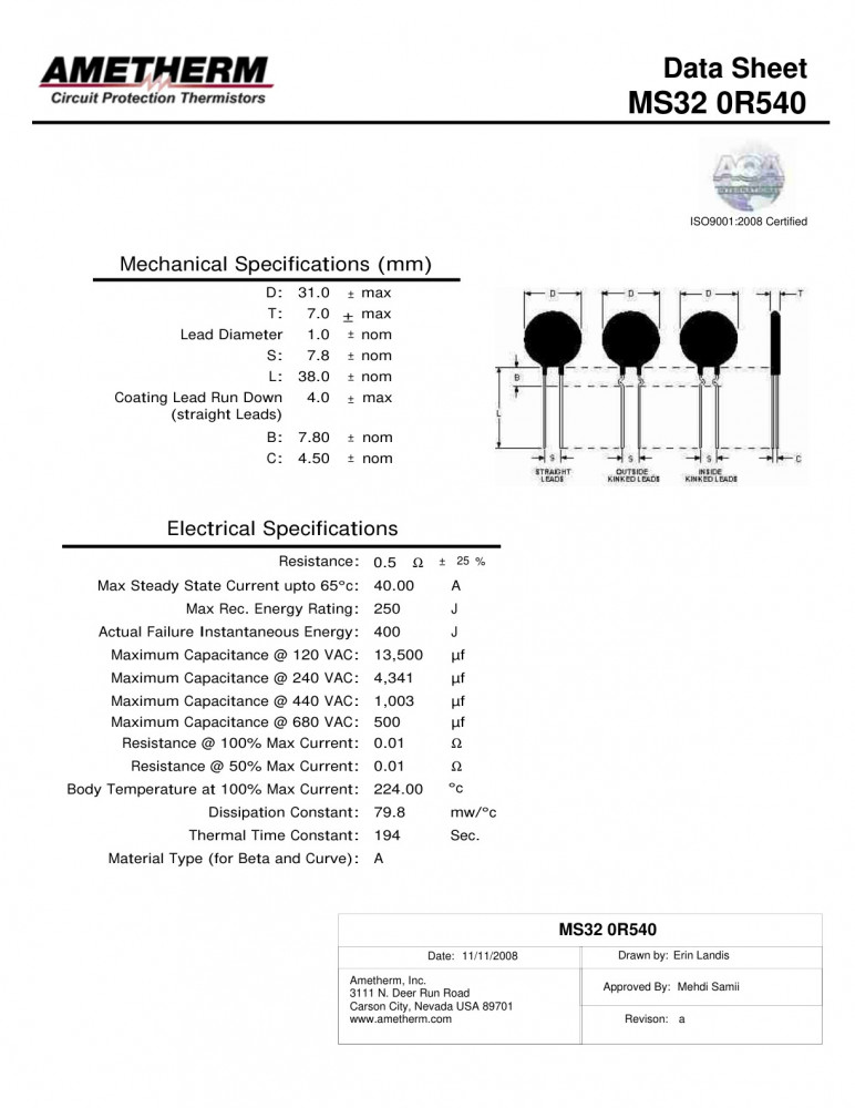 Ametherm MS32 0R540 technical datasheet preview