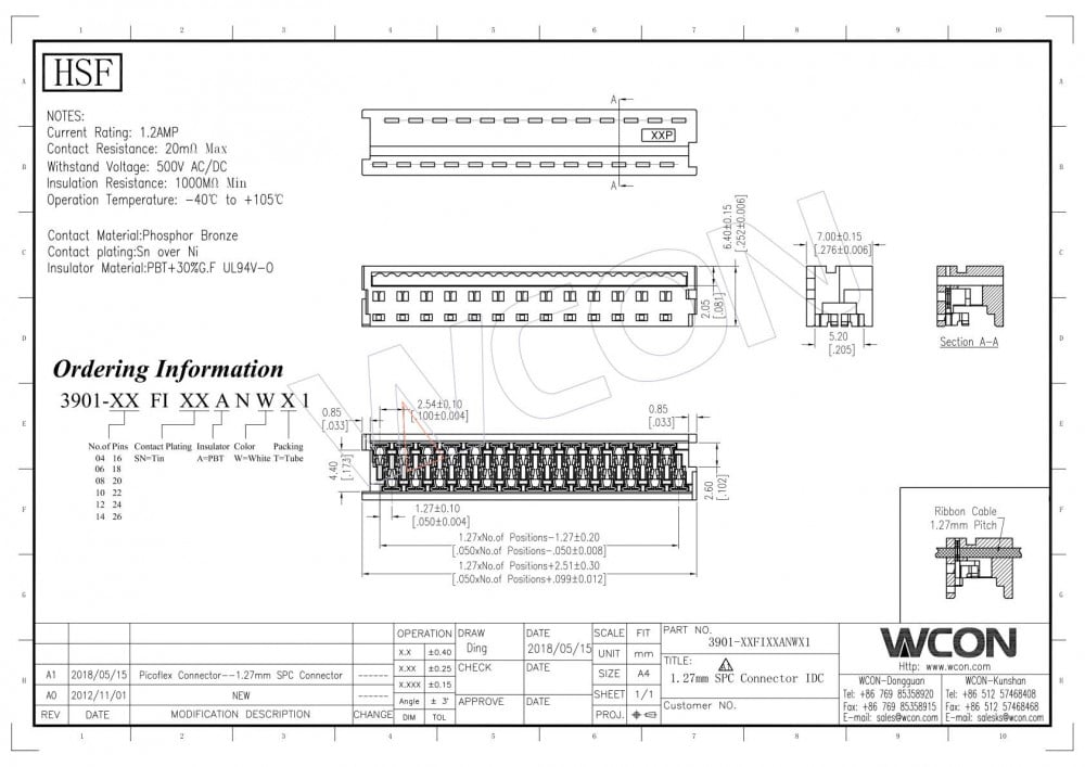 Wcon 3901 series 1.27 mm SPC connector technical drawing