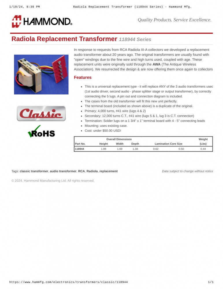 Hammond 118944 technical document page