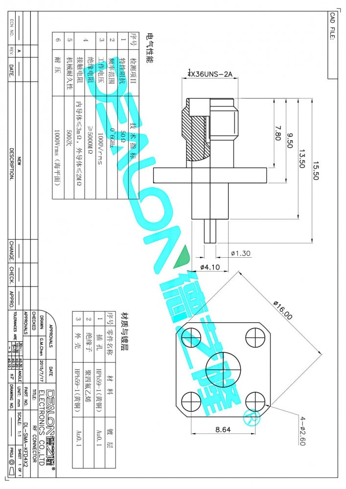 DEALON DL-SMA-KFD4X2 RF connector drawing