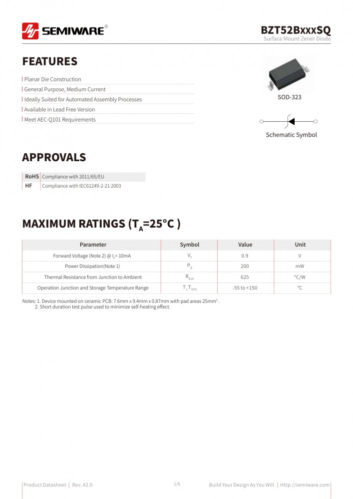 SEMIWARE BZT52B3V9SQ datasheet page 1