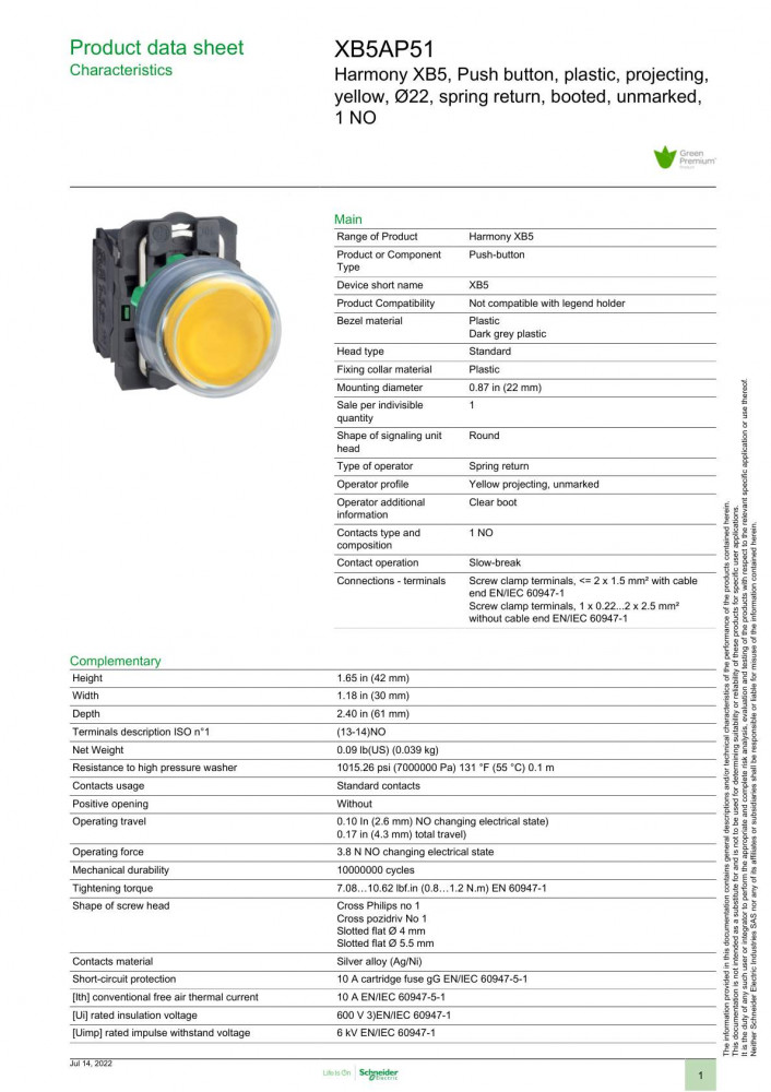 XB5AP51 technical document page 1