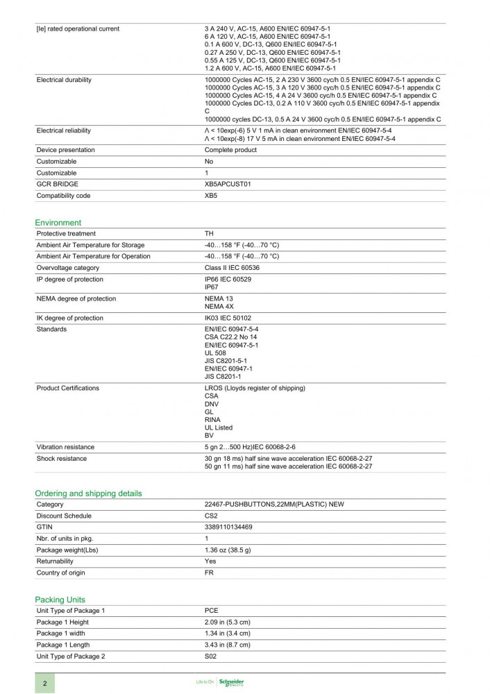 XB5AP51 technical document page 2
