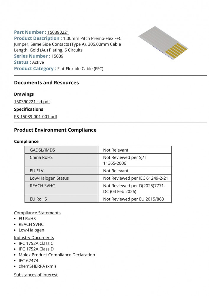MOLEX FFC family specification, page 1