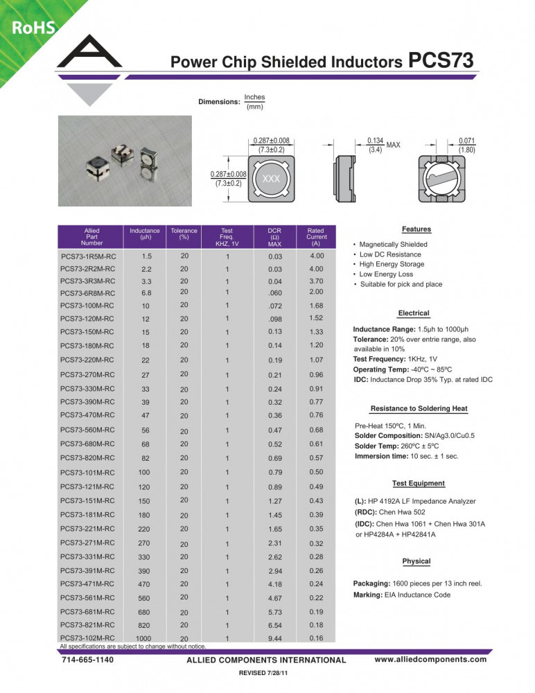 PCS73 series product datasheet page