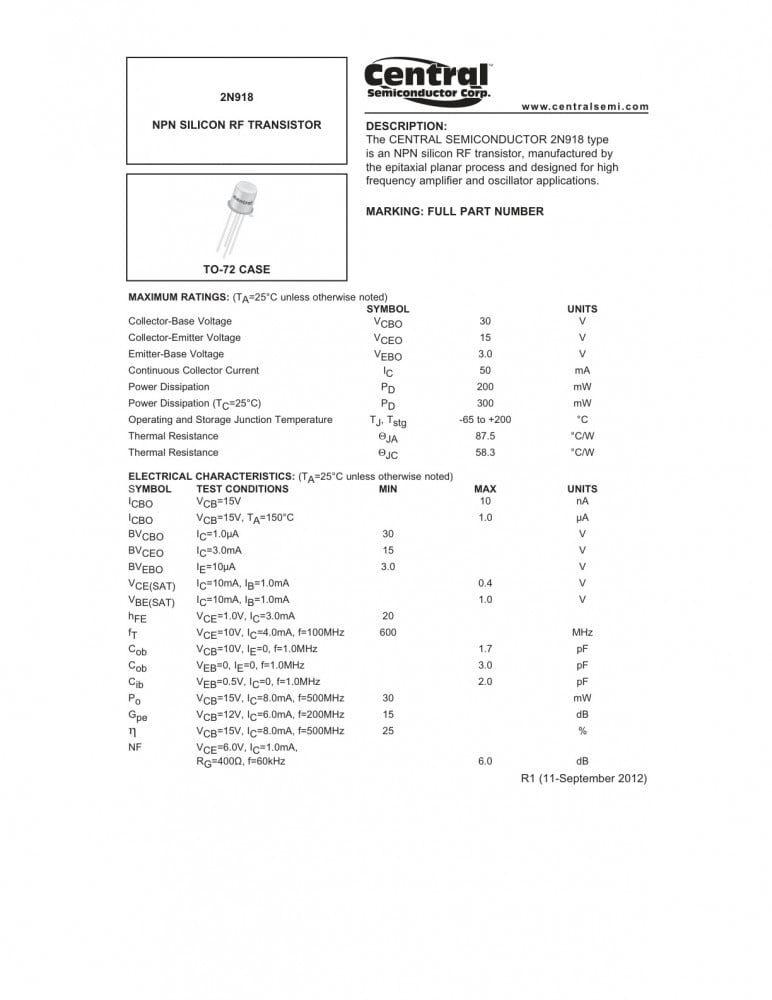 Central 2N918 PBFREE datasheet page 1