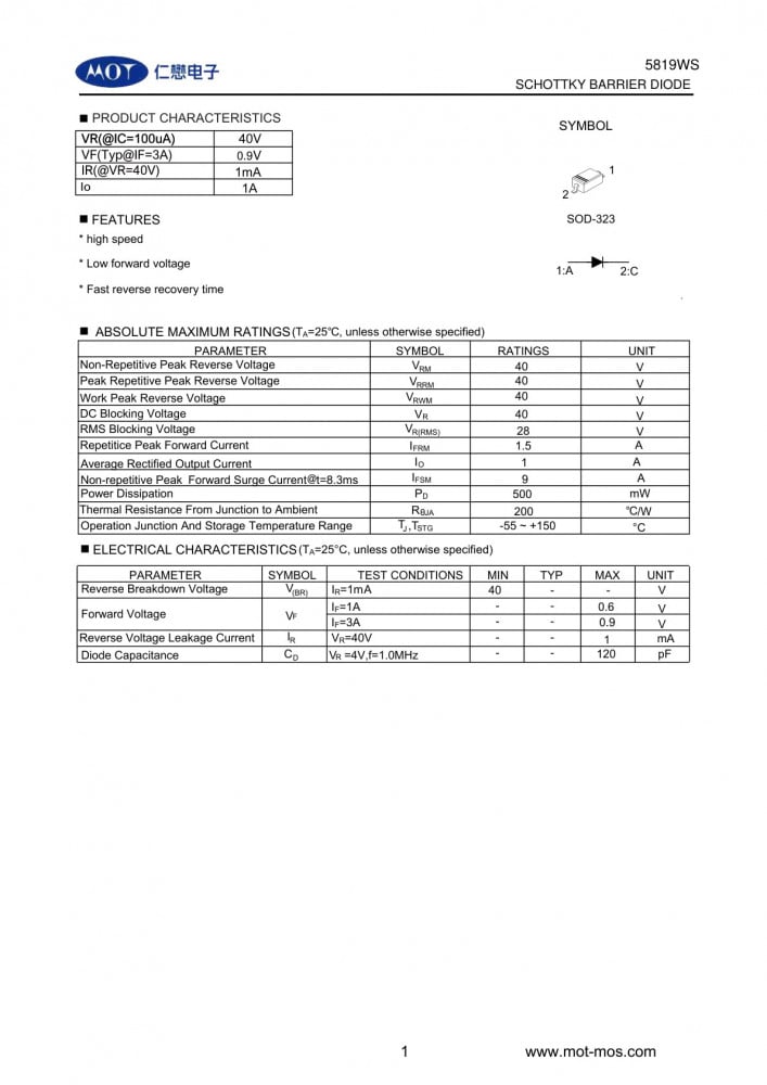 MOT 5819WS datasheet page 1