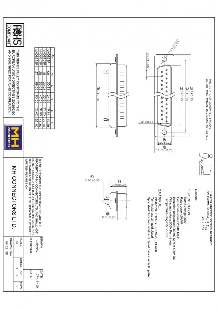MH CONNECTORS MHDB SP technical drawing page