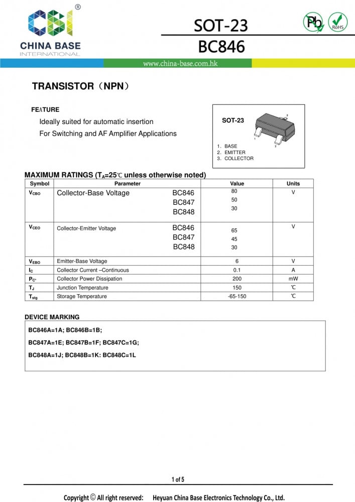 CBI BC848A datasheet page 1