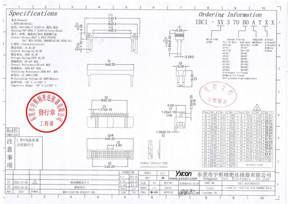 Yxcon IDC1-10370B0ATG3 technical drawing