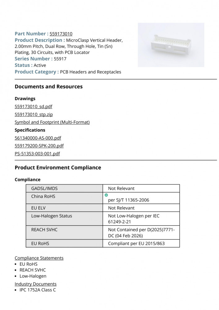 MOLEX 559173010 technical document preview, page 1