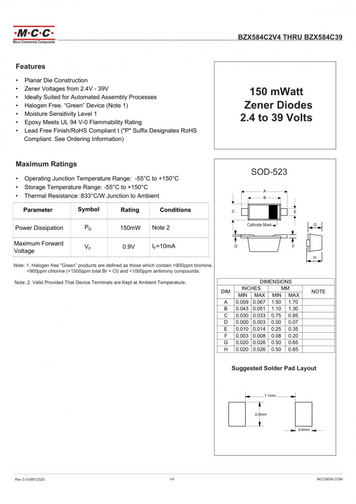 MCC BZX584C3V0-TP datasheet page 1