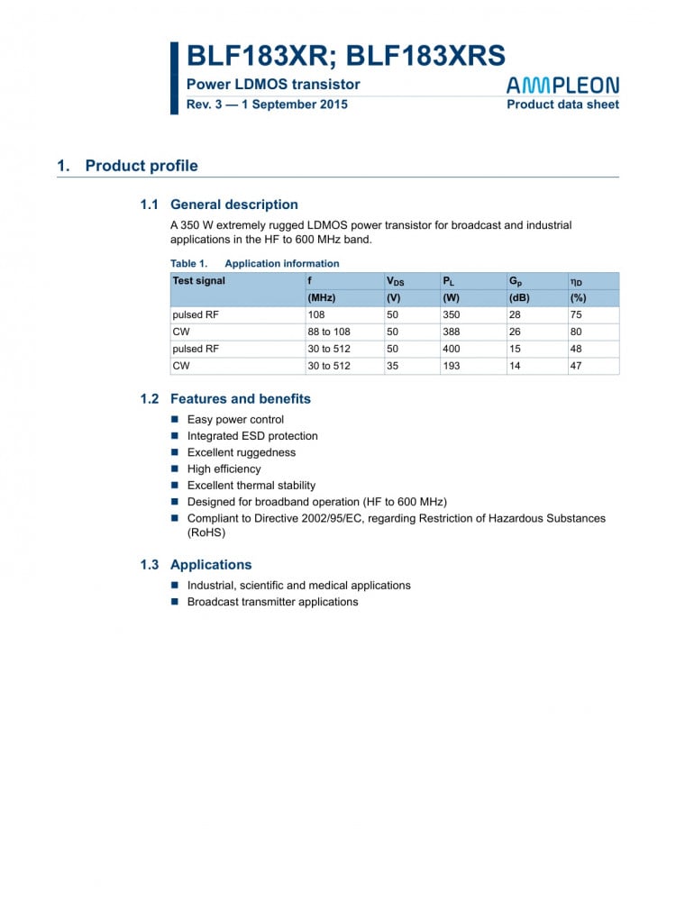 BLF183XRSU datasheet page 1