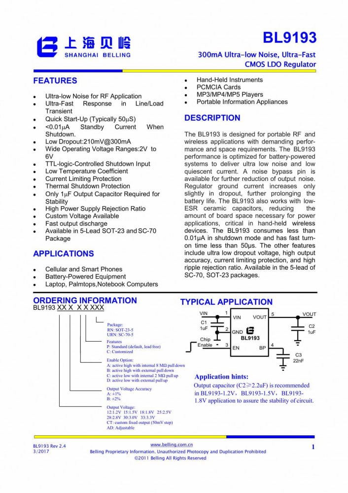 BL9193 datasheet page 1