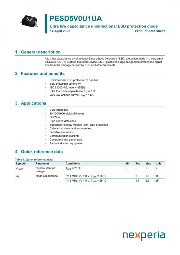 PESD5V0U1UA datasheet page 1