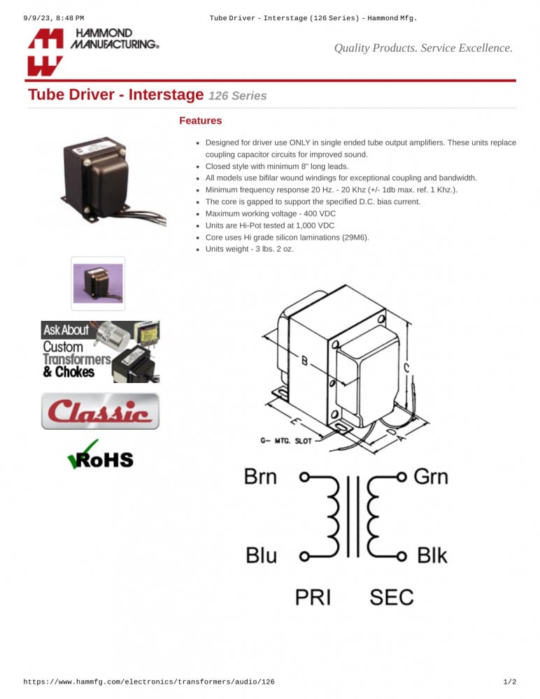 Hammond 126 Series technical document page 1