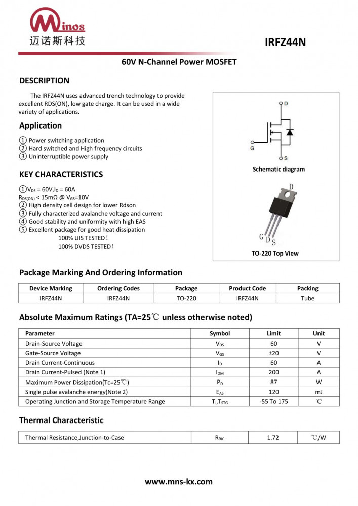 IRFZ44N datasheet page 1