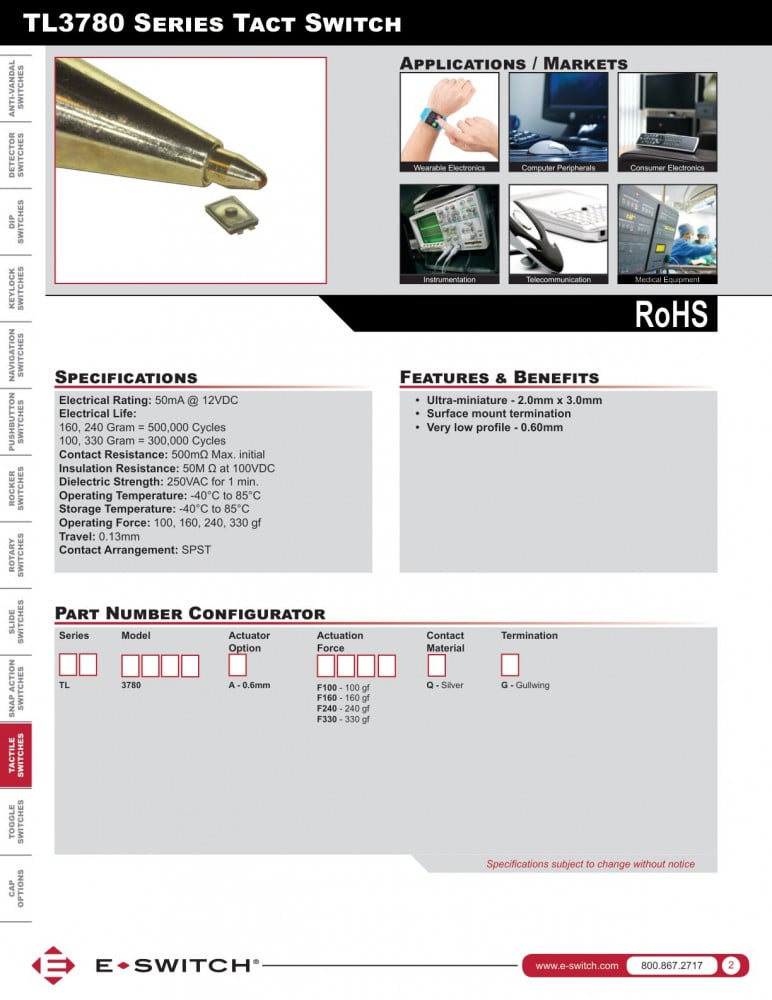 E-Switch TL3780 series technical document page 1