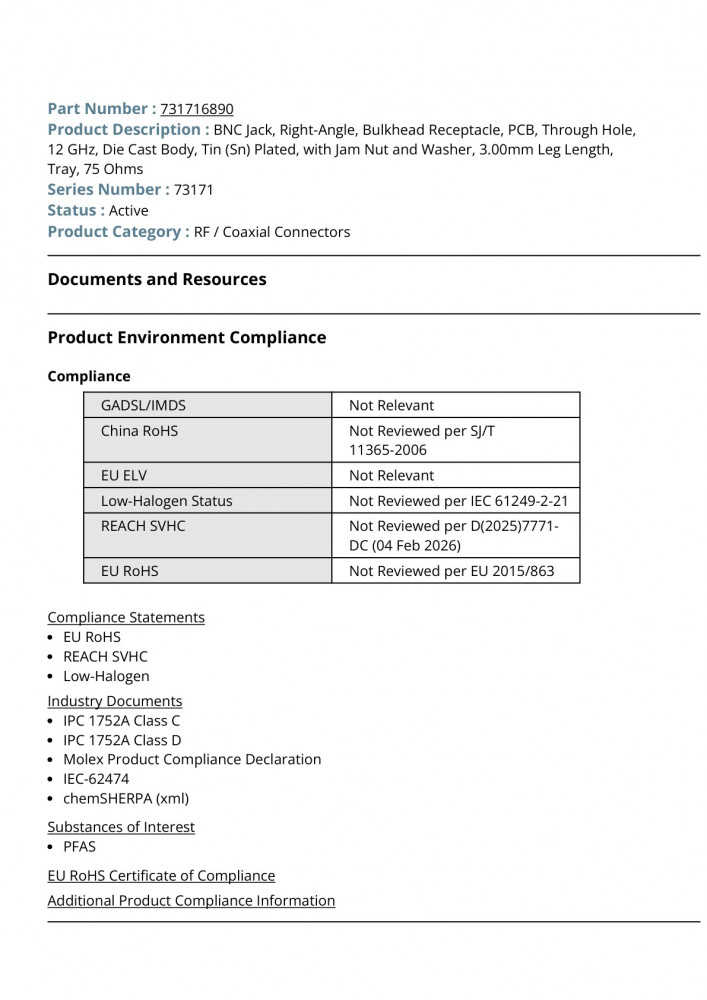 Technical document page 1 for MOLEX 731716890