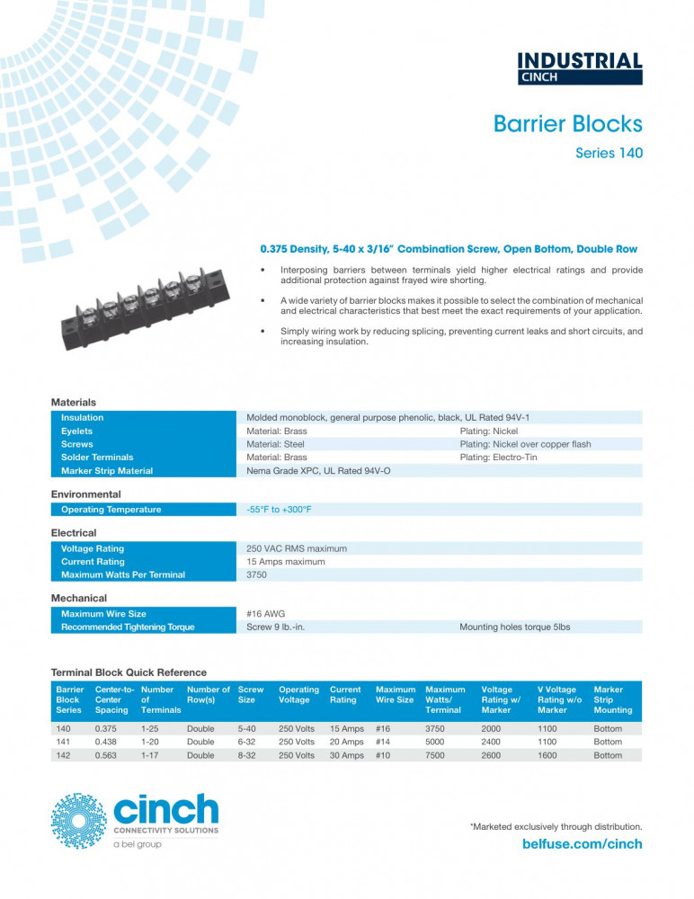 Bel Fuse Series 140 barrier block datasheet page 1