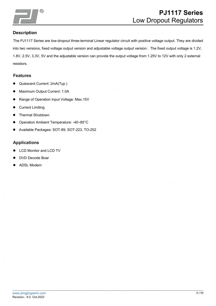 PJ1117 datasheet page 1