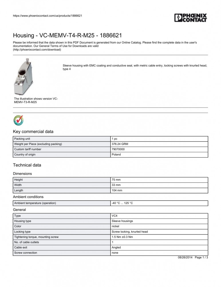 Phoenix Contact 1886621 catalog page 1
