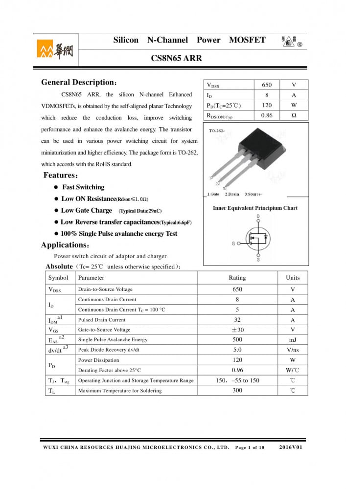CS8N65ARR datasheet page 1