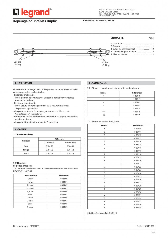 Legrand Duplix cable identification technical document, page 1