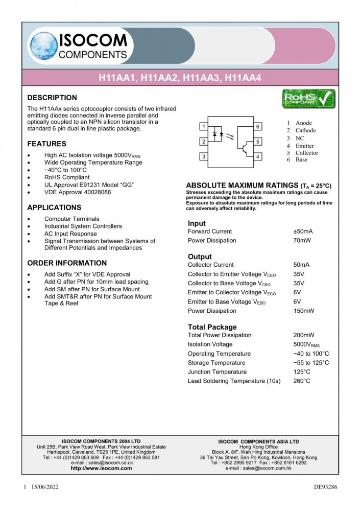 H11AA3 datasheet page 1