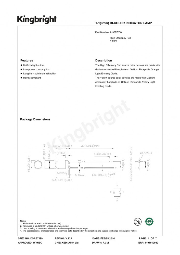 L-937EYW datasheet page 1