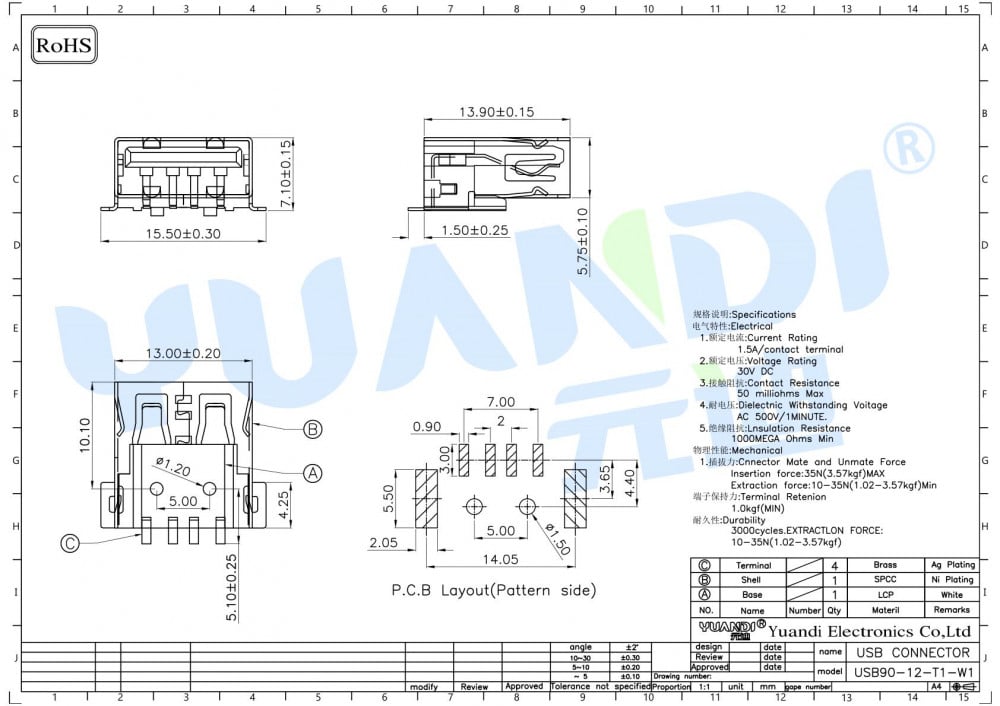 Yuandi USB90-12-T1-W1 technical drawing