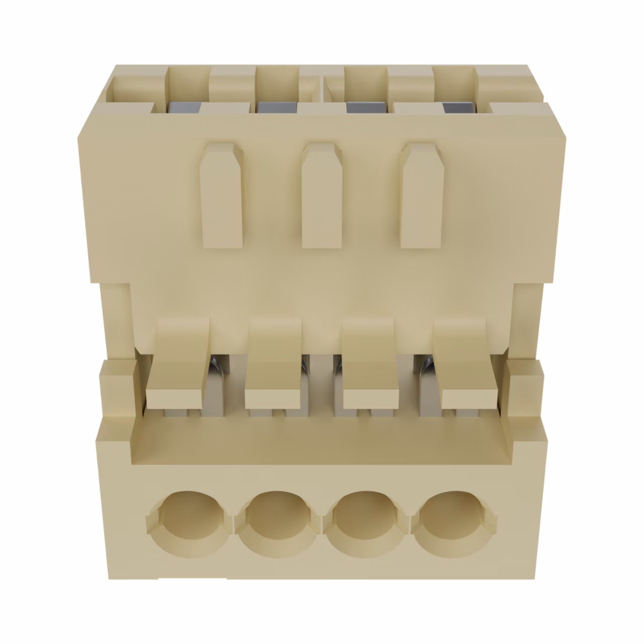 Appli-Mate RAST 2.5 Connector, 2.50mm Pitch, Female, 4 Circuits, Positions A and E Removed, Polarizing Rib Between 2/3, Locking Pips, 1 Slotted and 1 Open Endwall, Tin Plating for sale