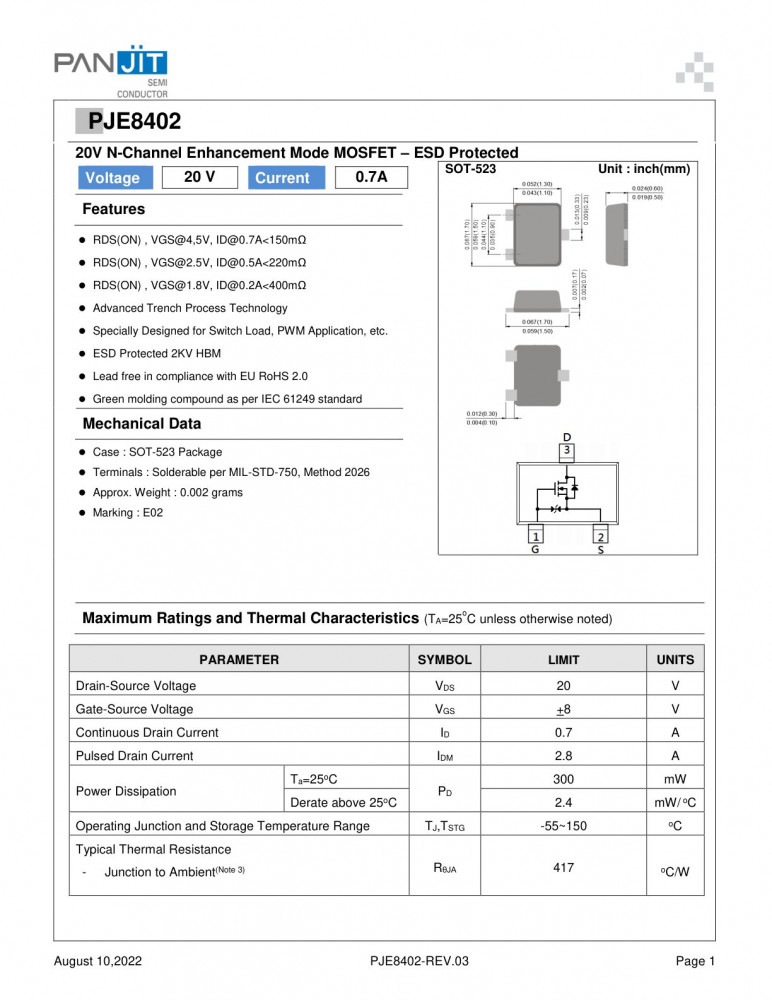 PJE8402 datasheet page 1