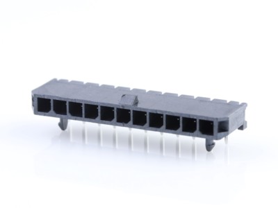 Micro-Fit 3.0 Right-Angle Header, 3.00mm Pitch, Single Row, 10 Circuits, with PCB Press-fit Metal Retention Clip, 0.38µm Gold Plating, Glow-Wire Capable, Black