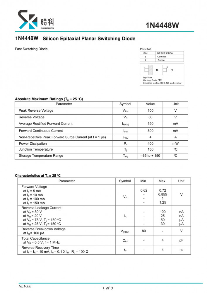1N4448W datasheet page 1