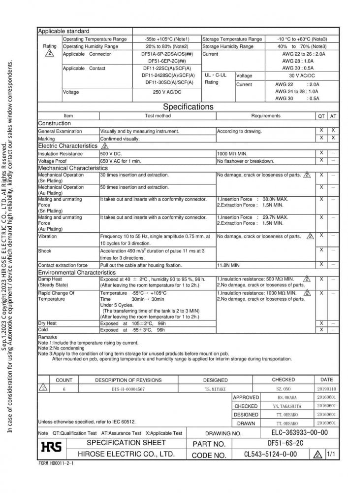 HRS DF51-6S-2C specification sheet