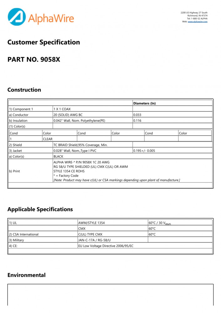 Alpha Wire 9058X BK030 technical document page 1