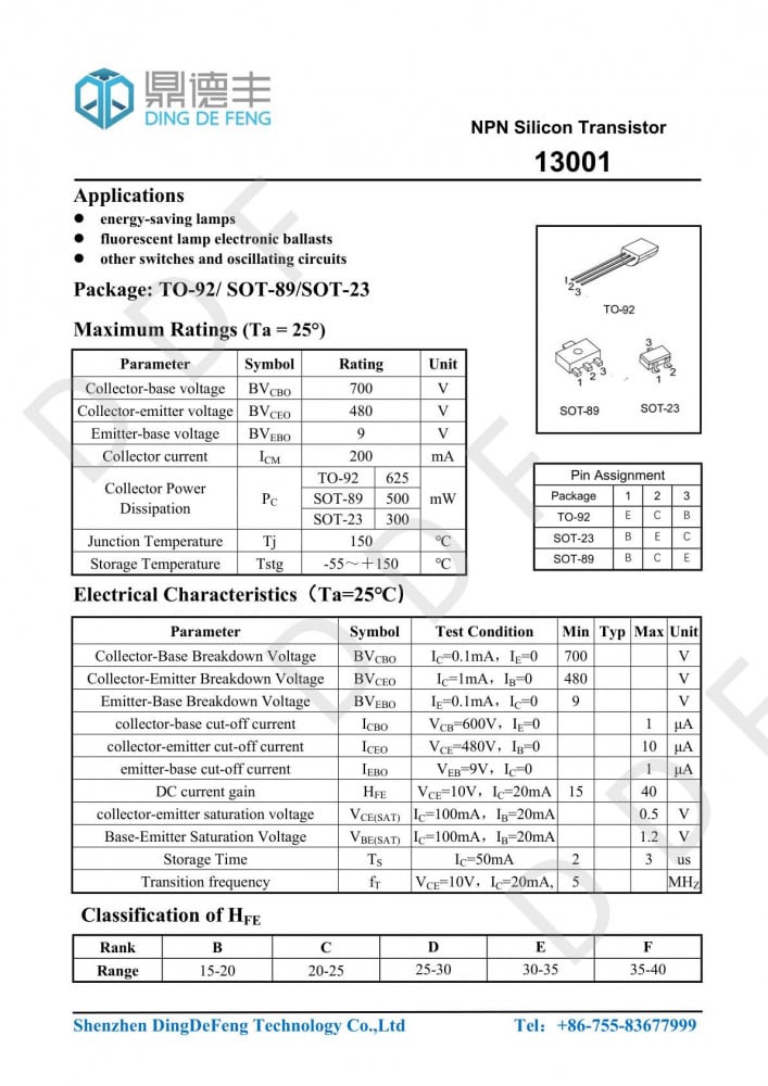 DDF 13001-TO-92 datasheet page