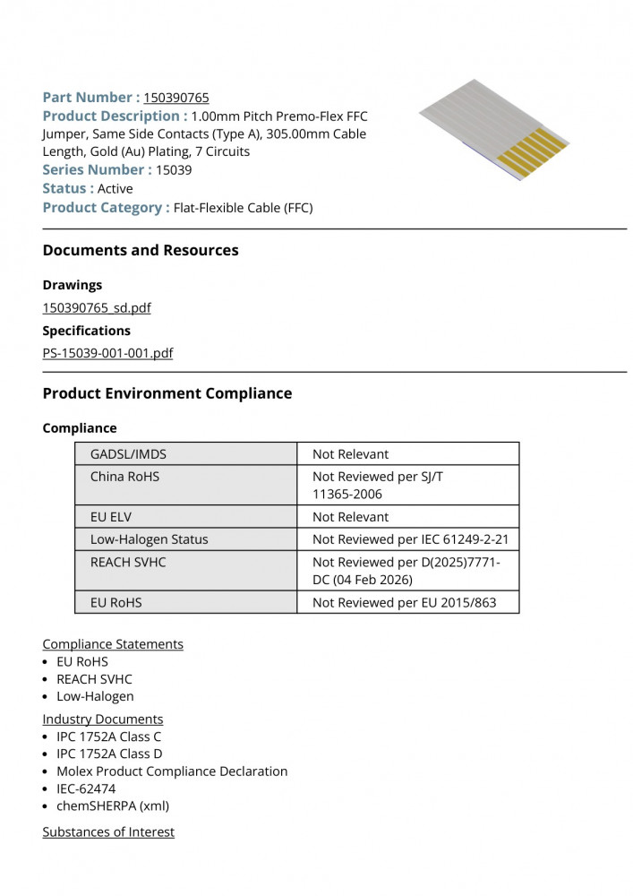 MOLEX 1.00 mm pitch FFC family specification, page 1