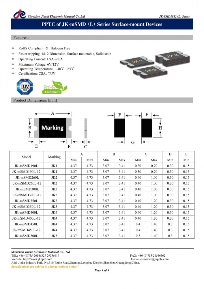 Jinrui JK-mSMD series datasheet page 1