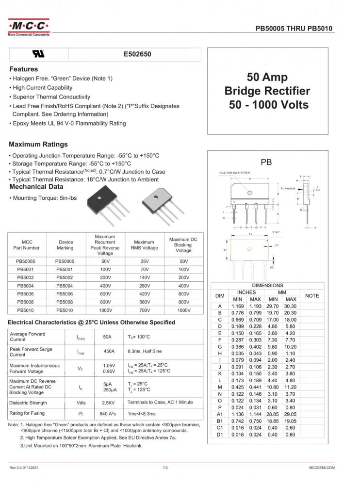MCC PB5010-BP datasheet page 1